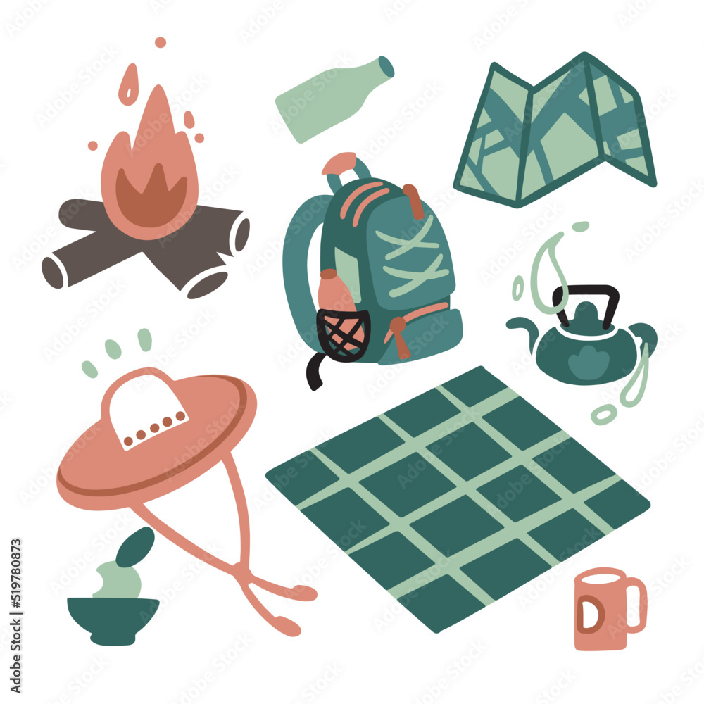 A set of images or icons about hiking, camping, country rest, summer ...
