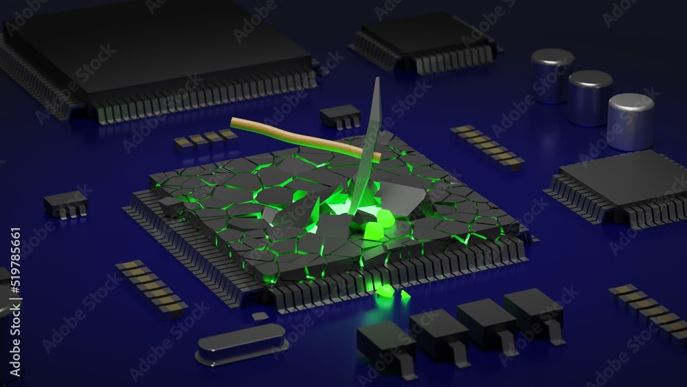 Hacked microchip on a computer motherboard. Concept of intruder ...