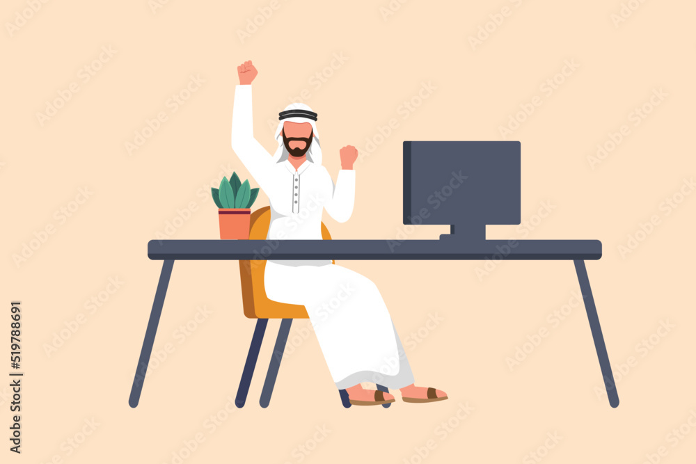 Business design drawing happy Arab businessman sitting near desk with ...