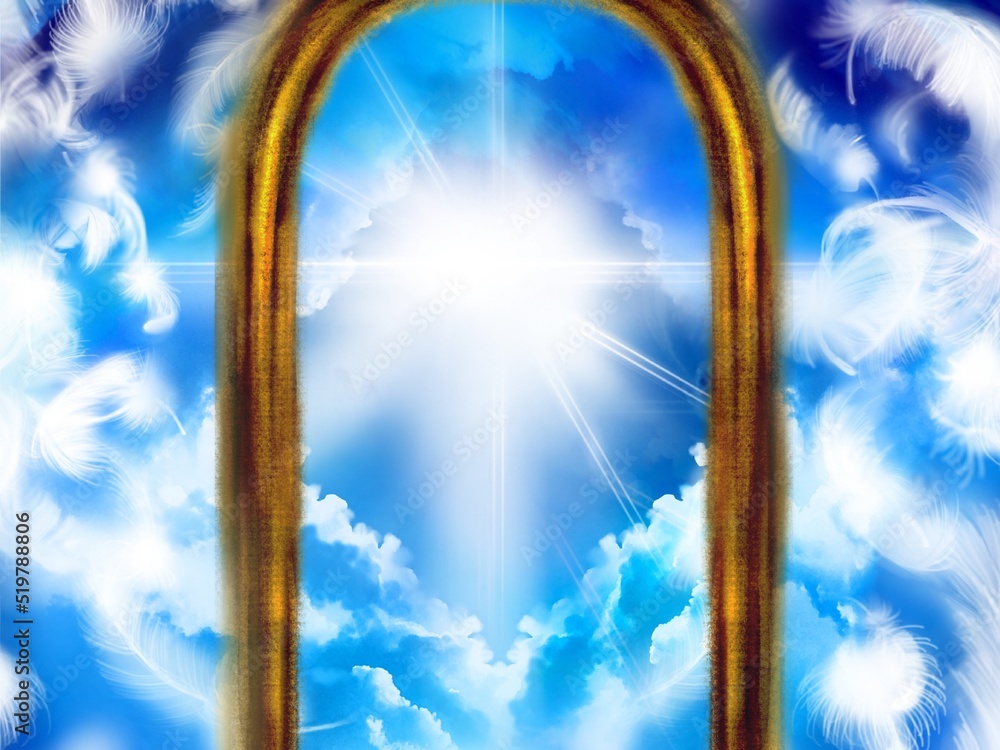 This illustration depicts the golden gates of heaven seen beyond the ...