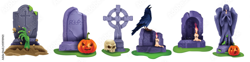 Halloween tombstone vector set, creepy gravestone cross, spooky ...