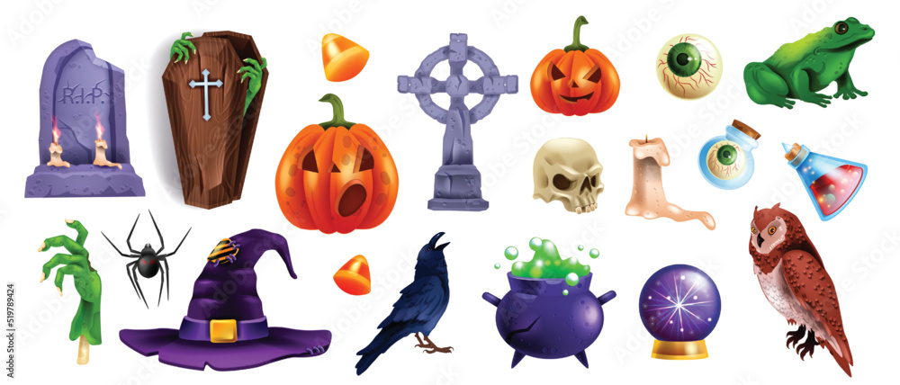 Halloween object sticker set, vector spooky party badge kit, stone ...