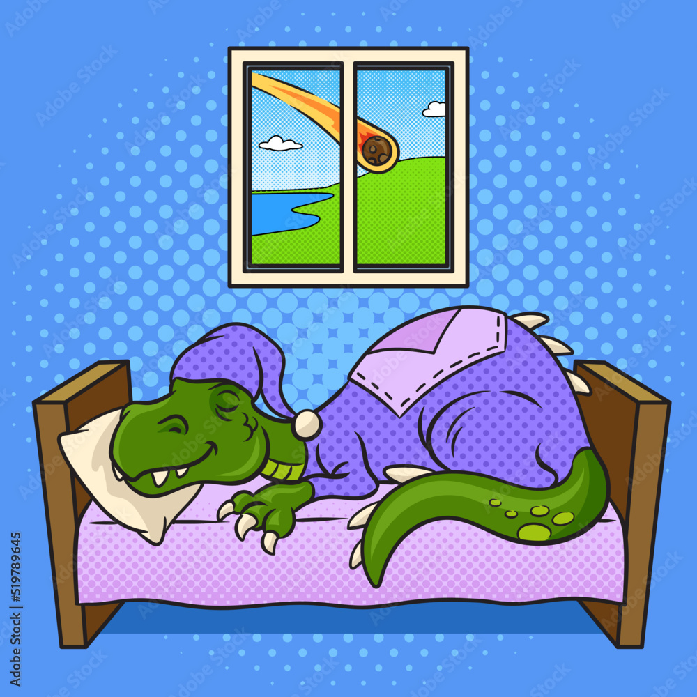 Cartoon dinosaur sleeping in bed pop art retro vector illustration ...