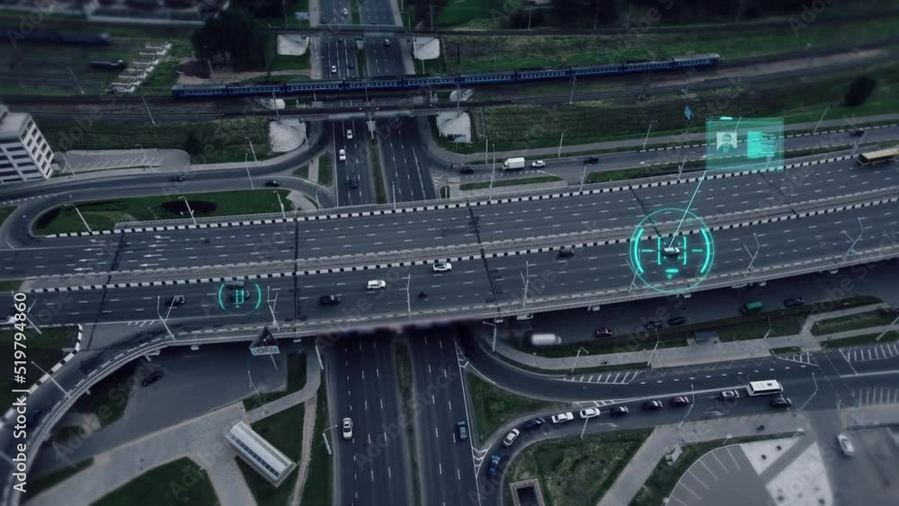 Drone over an urban freeway recognizes and identifies cars. Artificial ...