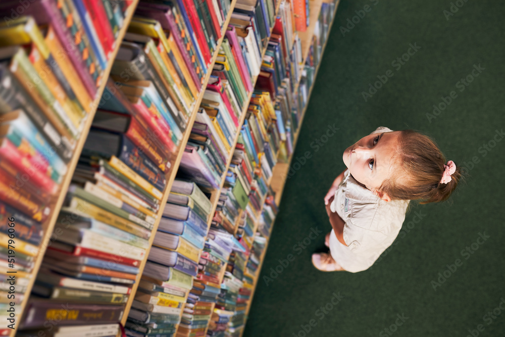 Student looking at top bookshelf in school library. Smart girl ...