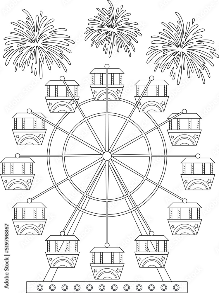 Coloring Book Page With Amusement Park With Fireworks In Sky. Sheet To ...