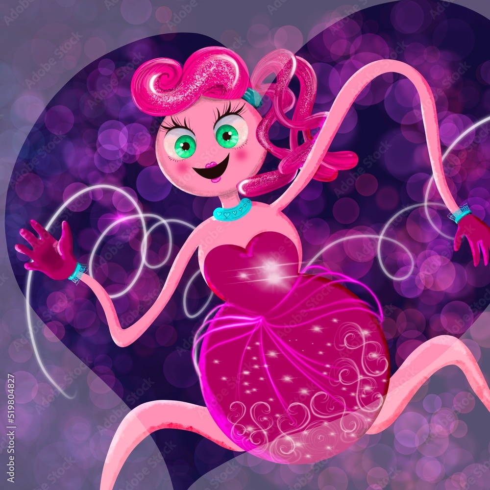 Funny Pink Mommy Long Legs Toon Character Happily Waving Her Hand Stock Illustration Adobe Stock