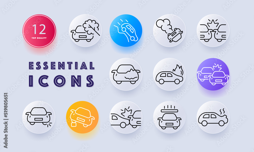 Car accidents set icon. Road traffic, fall off a cliff, collision ...