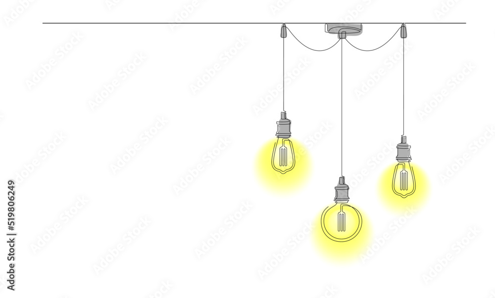One line drawing of modern loft style chandelier with pendant lamps ...