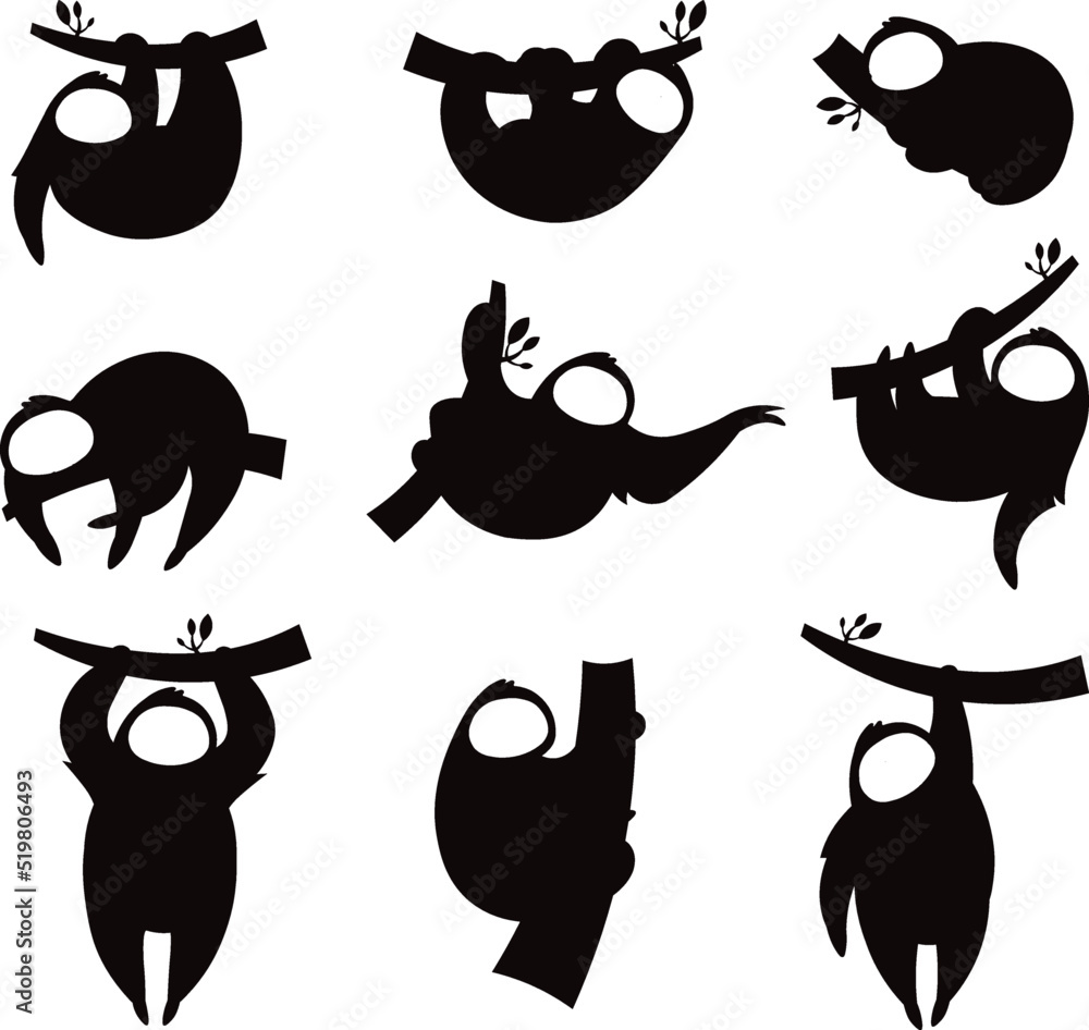 Cute sloth cartoon character flat vector vector Silhouettes Stock ...