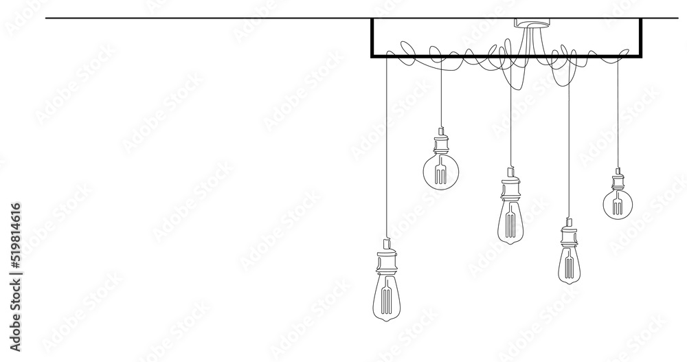 One line drawing of modern loft chandelier with pendant lamps with ...