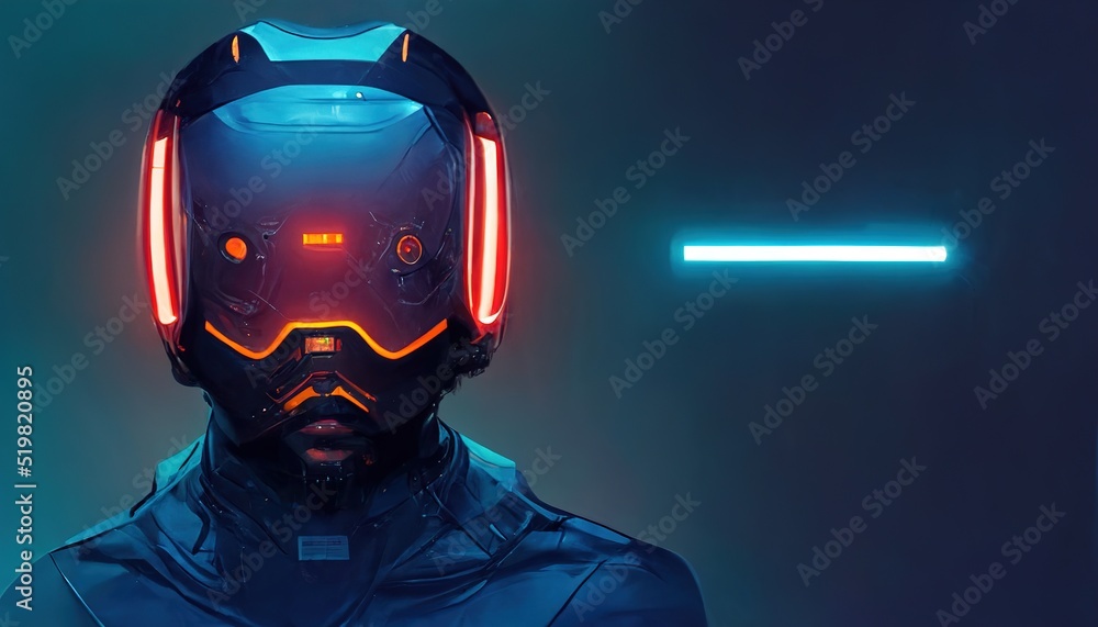 Man from future, a guy wearing a helmet of sci-fi virtual reality or ...