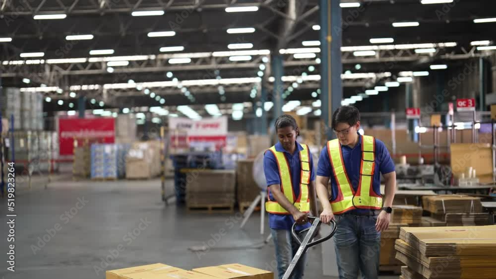 In the warehouse storage area superviorand staff pulling manual pallet ...