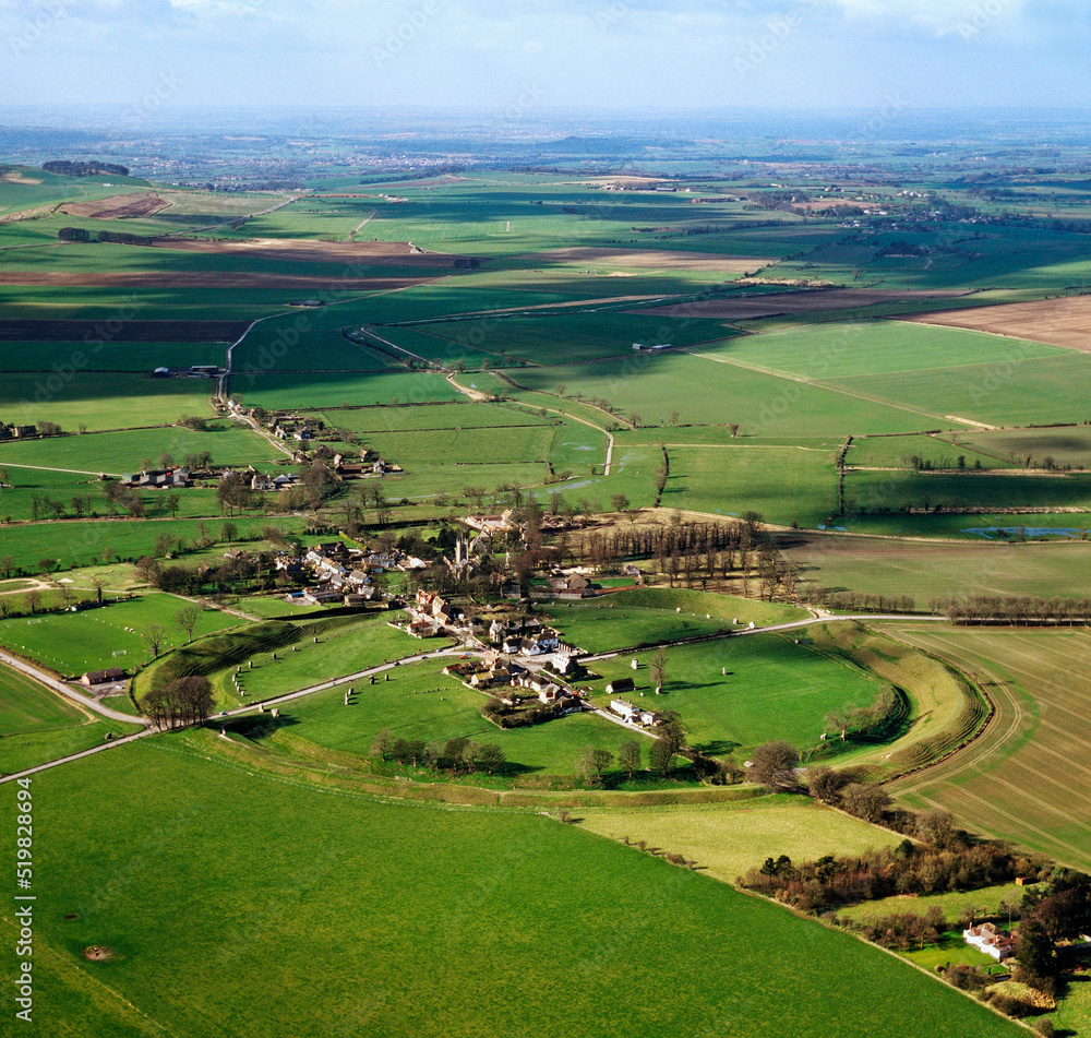 Avebury, Wiltshire, England. Aerial view of the village and huge ...