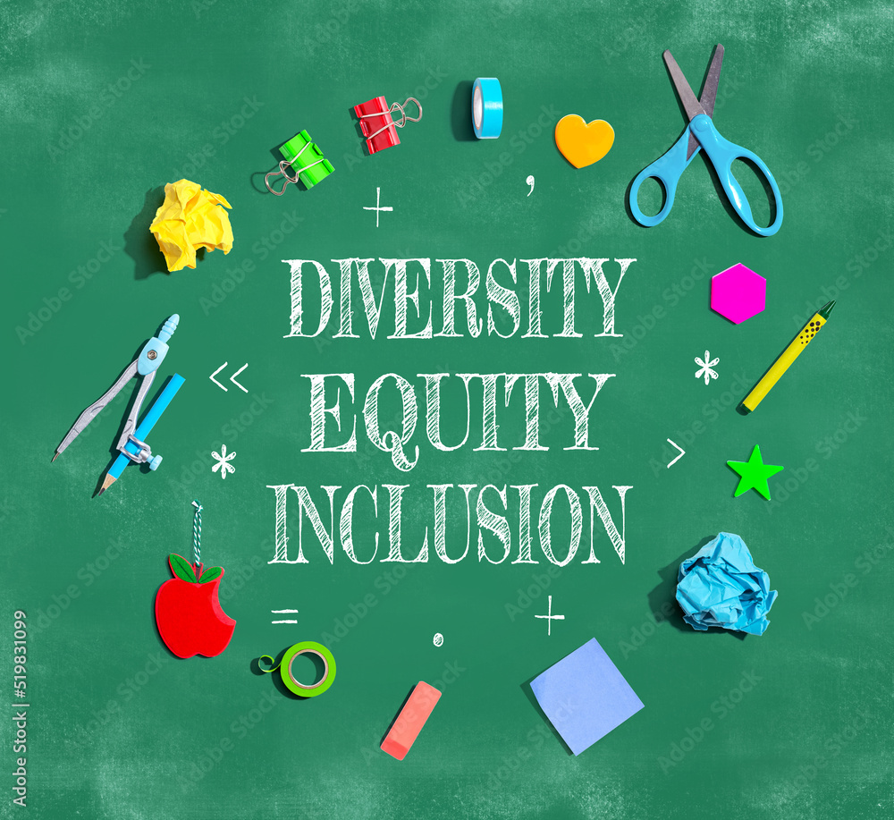 Diversity, Equity and Inclusion theme with school supplies on a ...