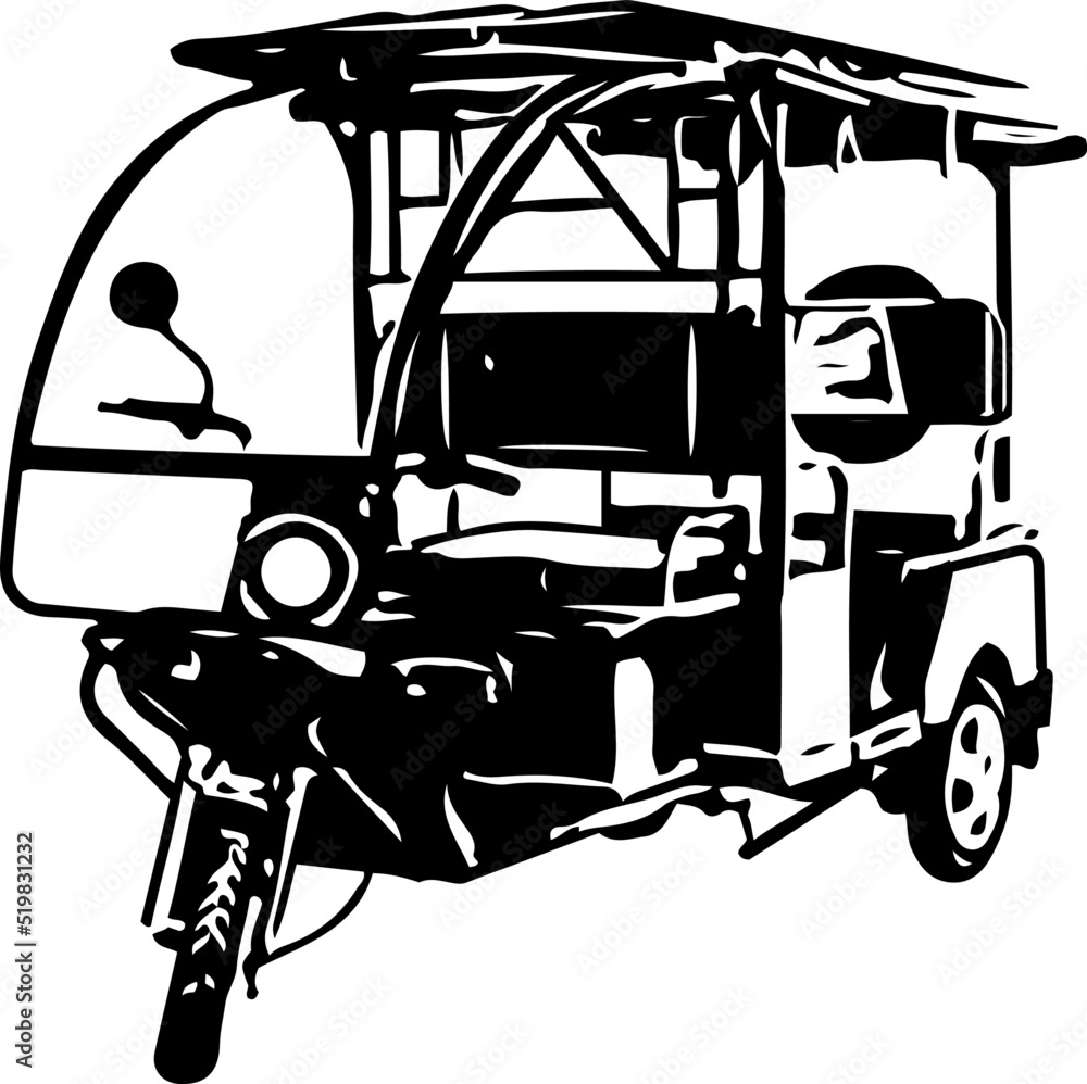 Silhouette of Electric Auto rickshaw, Sketch Drawing of Auto rickshaw ...