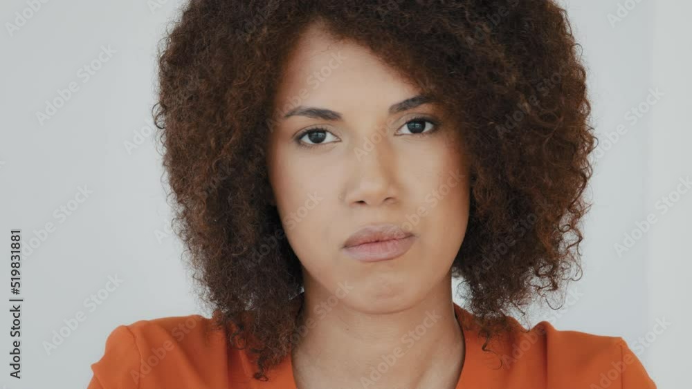 Portrait sad upset angry female face African frustrated girl with curly ...