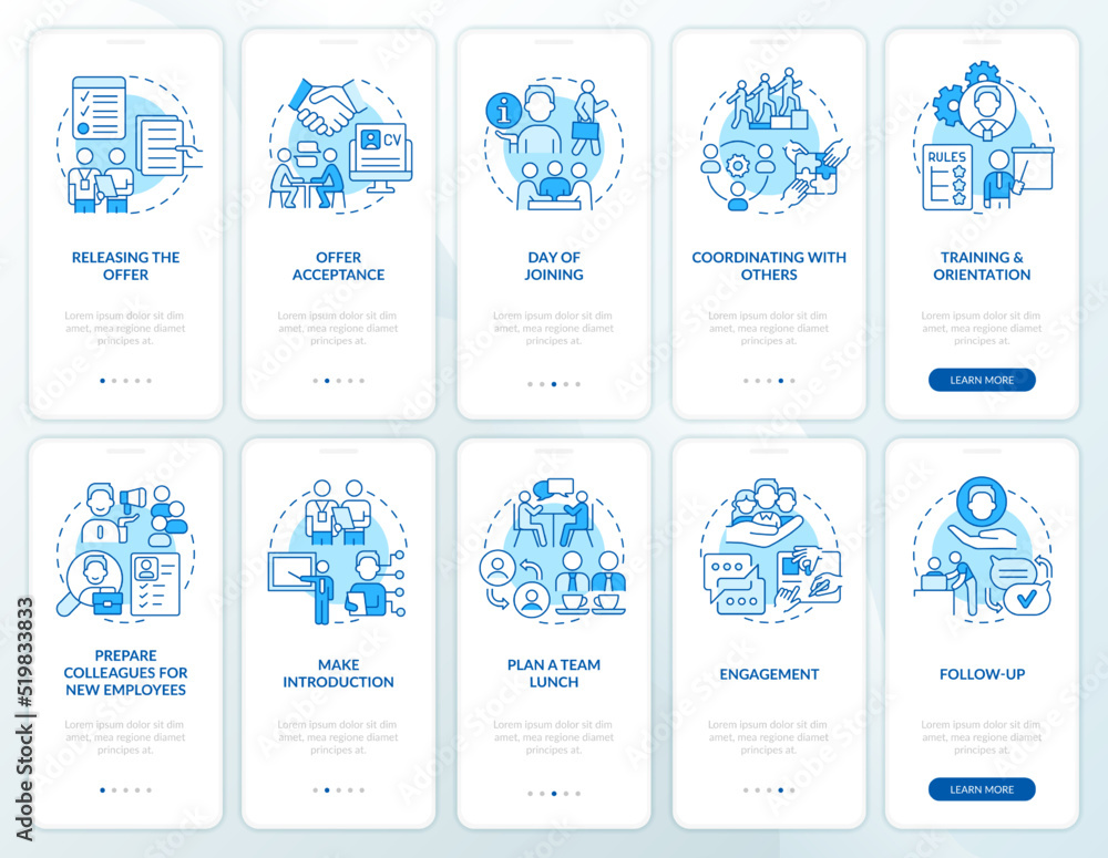 Developing employee integration blue onboarding mobile app screen set ...