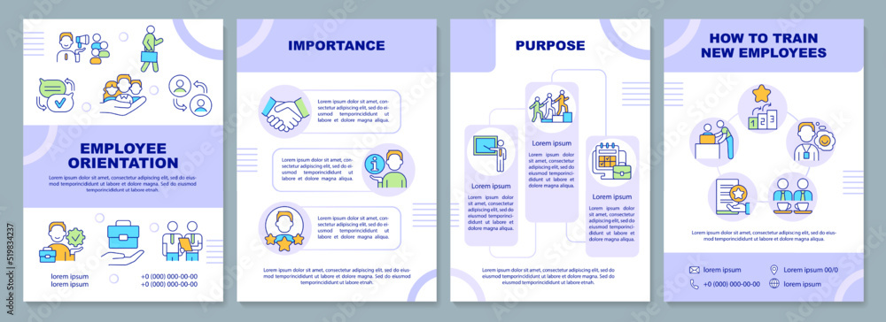 Employee orientation purple brochure template. Onboarding. Leaflet ...