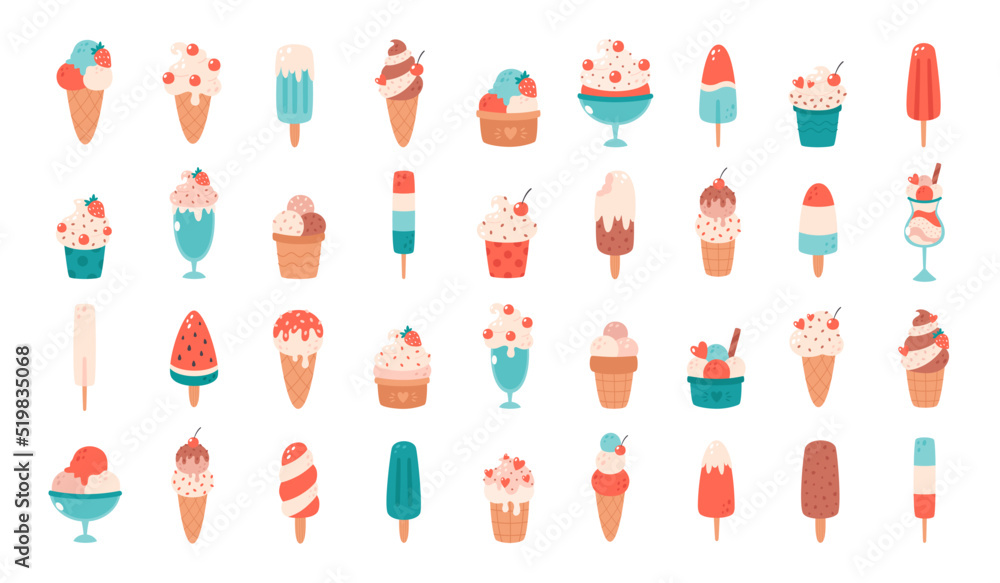 Ice cream big set. Ice cream cone with different flavors, ice lolly ...
