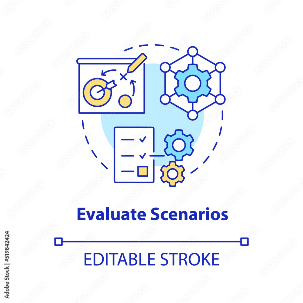 Vetor de Evaluate scenarios concept icon. Optimize operational metrics ...
