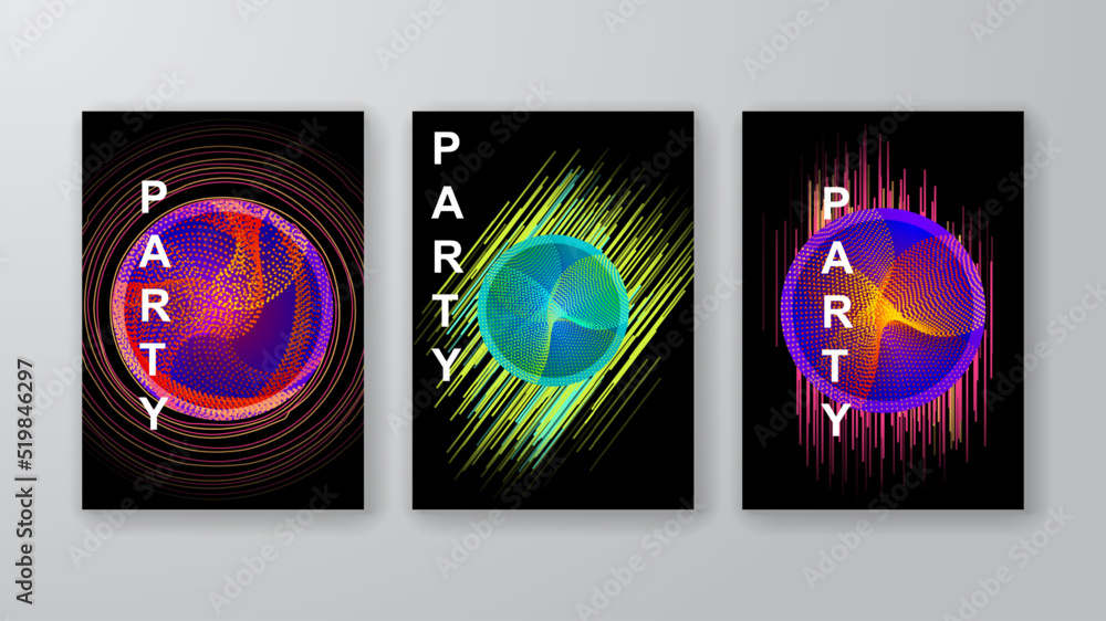 Abstract dots cover page layouts. Circle party music poster templates ...
