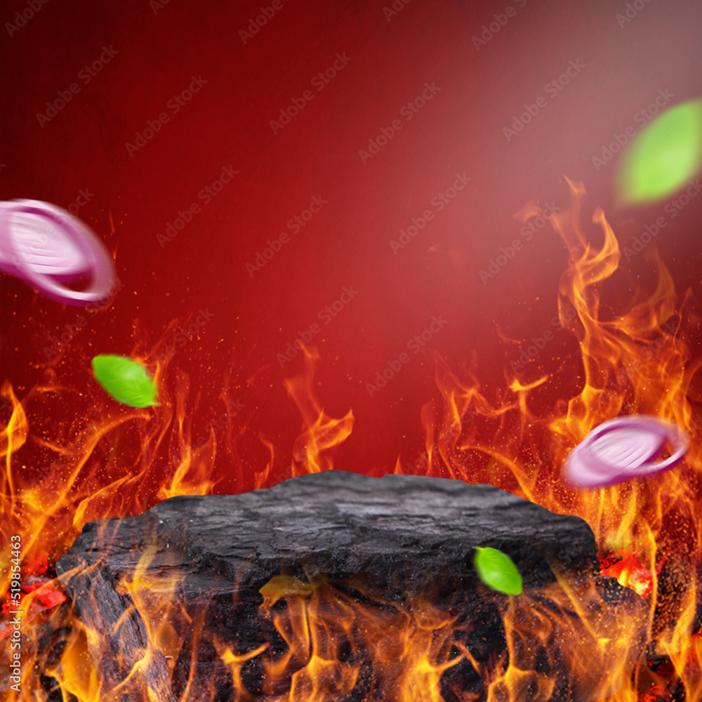 podium charcoal with fire background for food product display Stock ...
