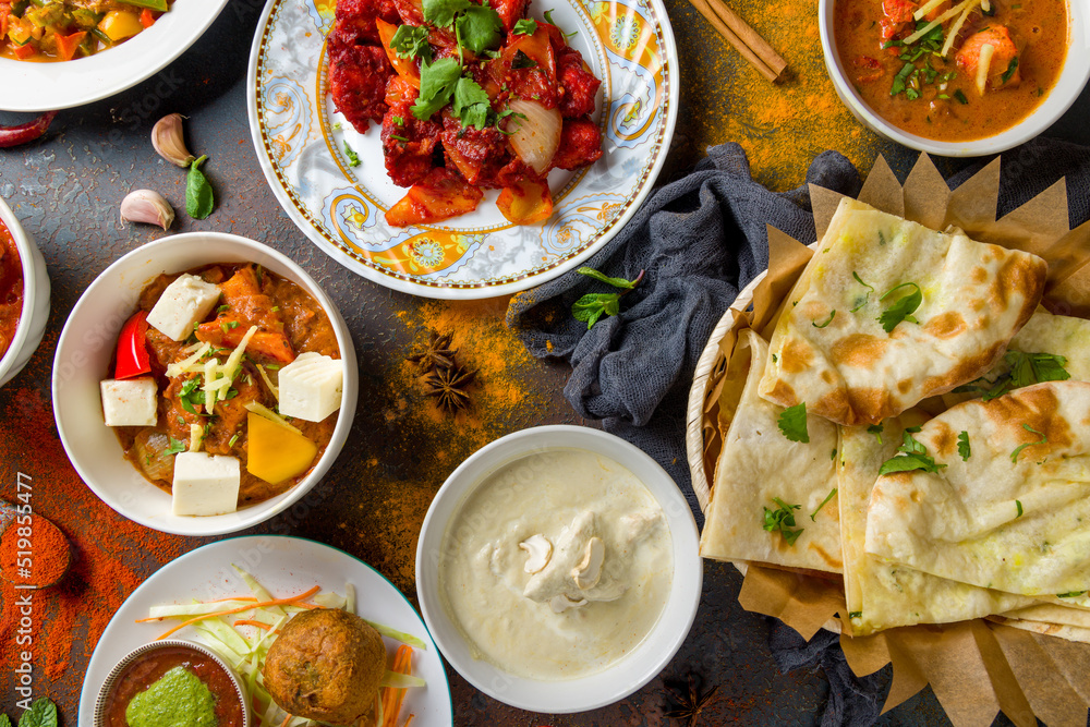 chicken tikka masala, kadai chicken; coconut sabdji, indias samosa, veg ...