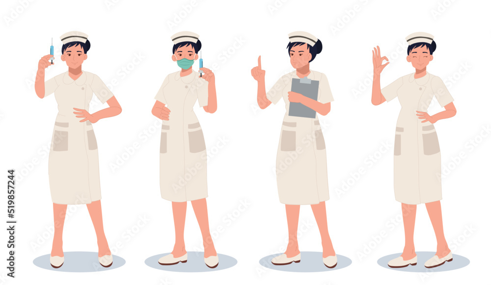 character set of Female nurse in Different poses and emotions. Vector ...