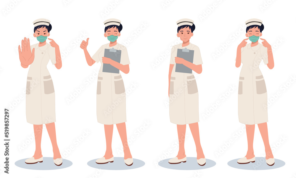 character set of Female nurse in Different poses and emotions. Vector ...