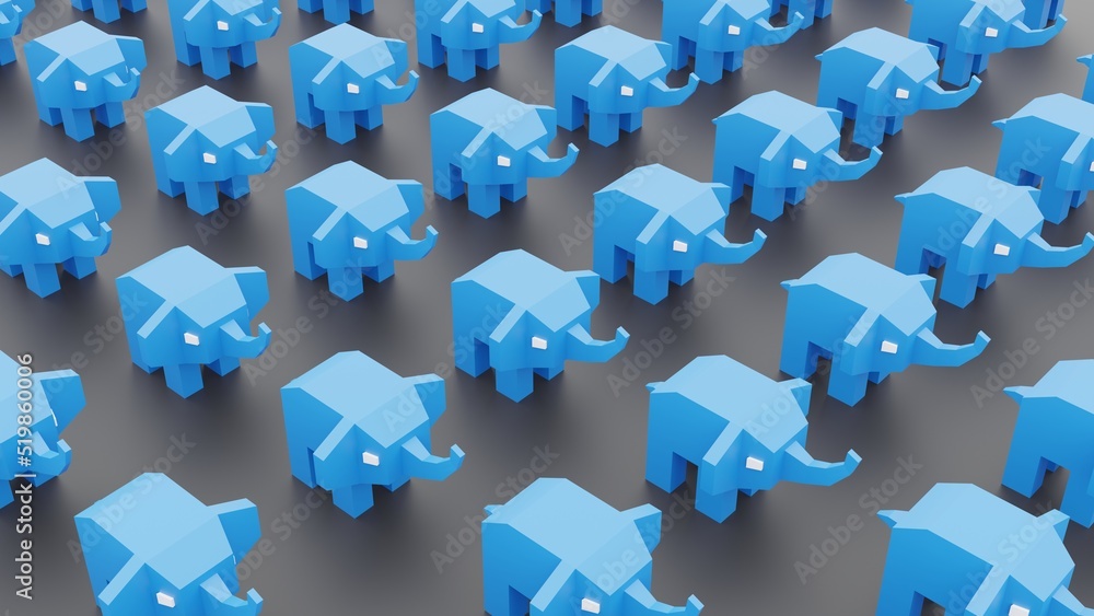 Low poly blue elephants in a rows and columns. PostgreSQL database cloud service or datacenter ...