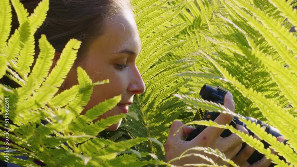 Young woman takes pictures of animals and birds on professional camera ...