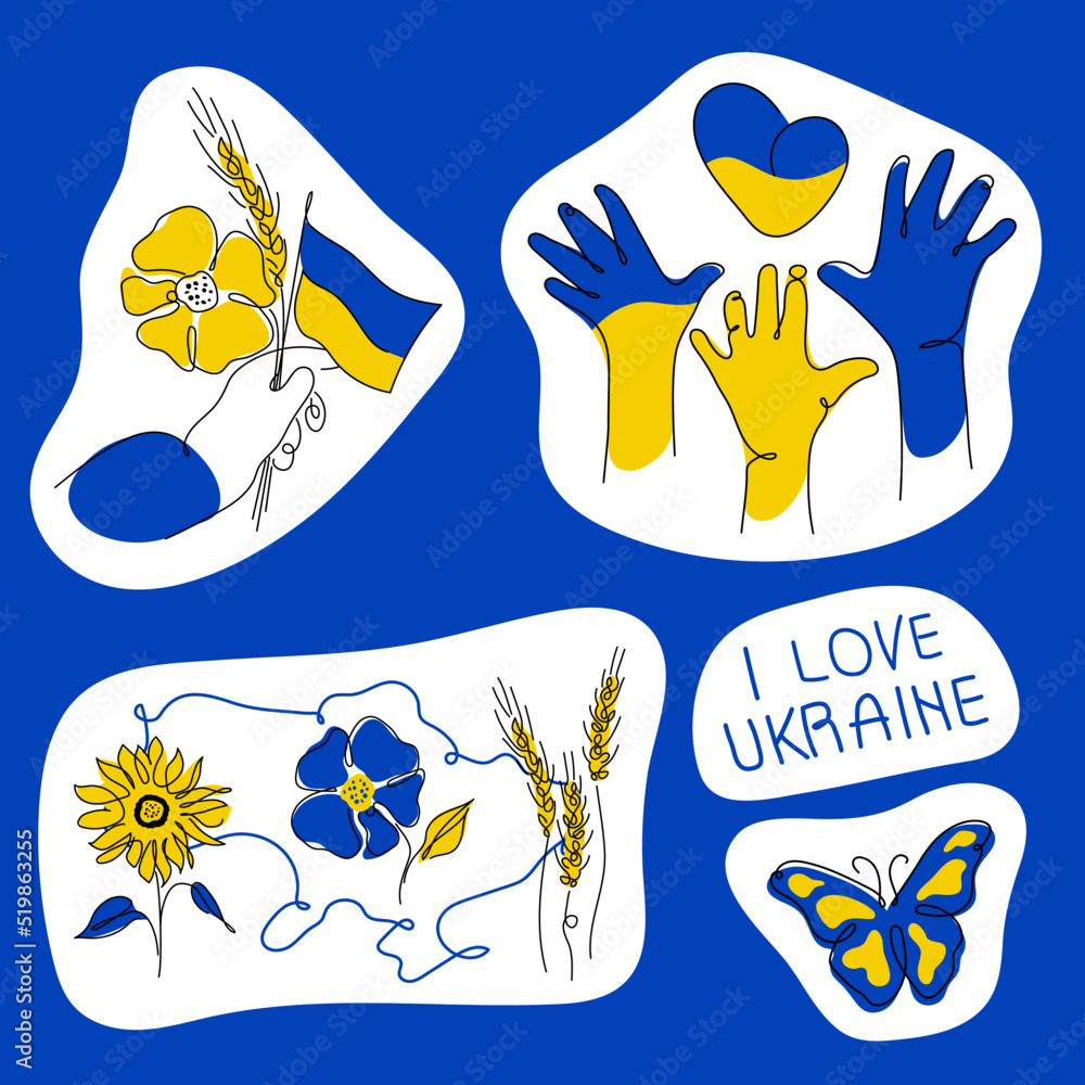 Set of patriotic stickers of Ukrainian illustration with heands and ...