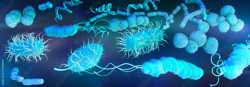 Different shapes and types of bacteria flowing, germs, dirt, lack of ...