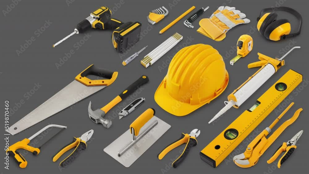 Construction work tools for building. Yellow hard hat with work ...