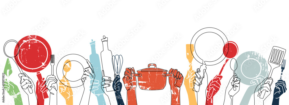 Cooking Background. Kitchen pattern. Set of Hands with different ...