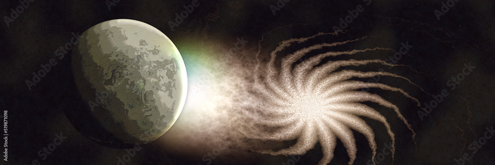 Futuristic shiny old planet with circular shape parts, planet with dark ...
