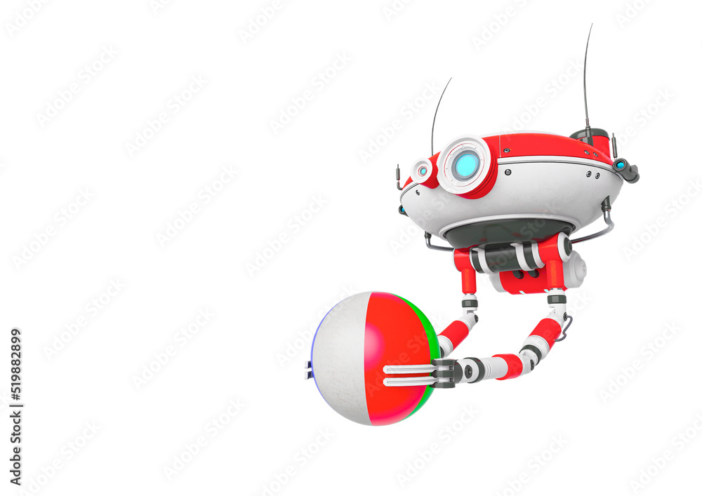 floating robot is holding a beach ball in white background side view ...