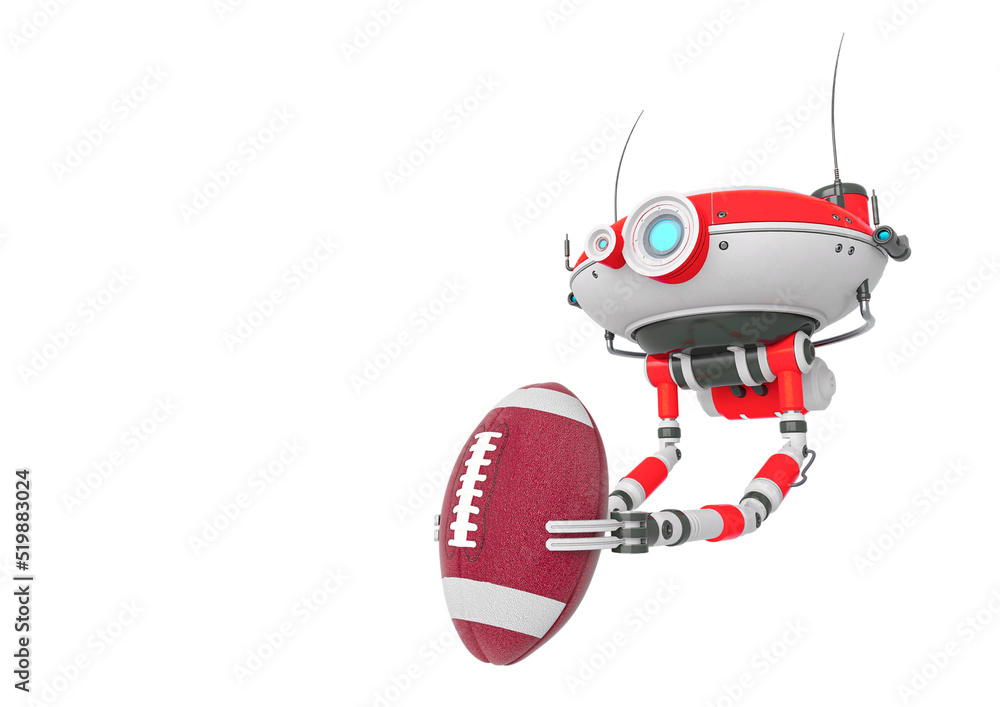 floating robot is holding an american football ball in white background ...