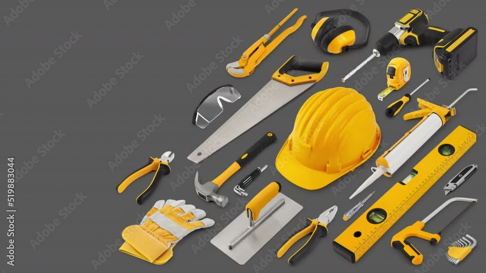 Construction work tools for building. Yellow hard hat with work ...