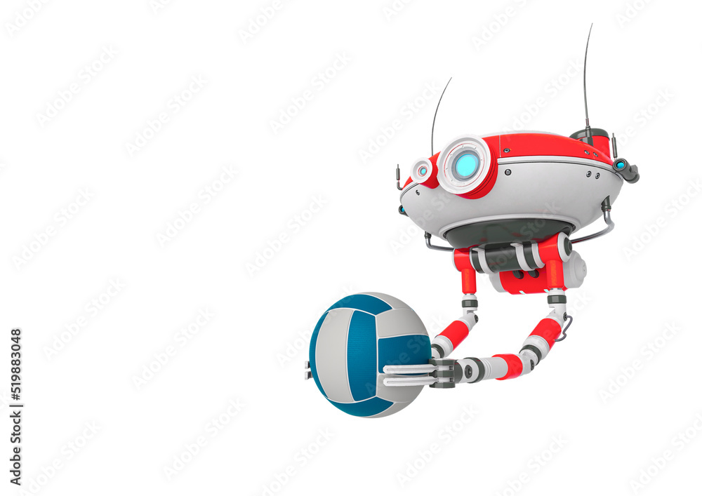 floating robot is holding volleyball ball in white background side view ...
