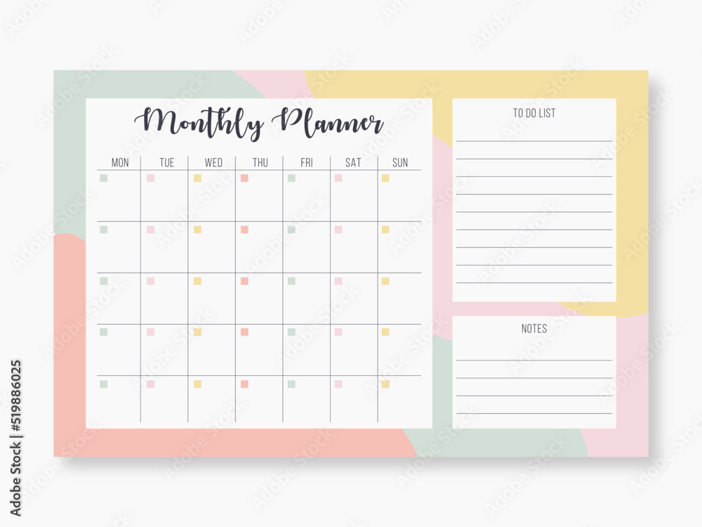 Monthly planning template. Blank monthly planner with notes in pastel ...