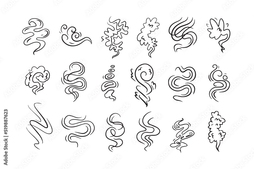Smoke smell line icons. Doodle smoking and steaming vector signs ...