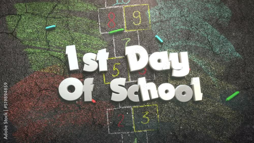 1st Day Of School with colorful kids chalk on street, motion cartoon ...