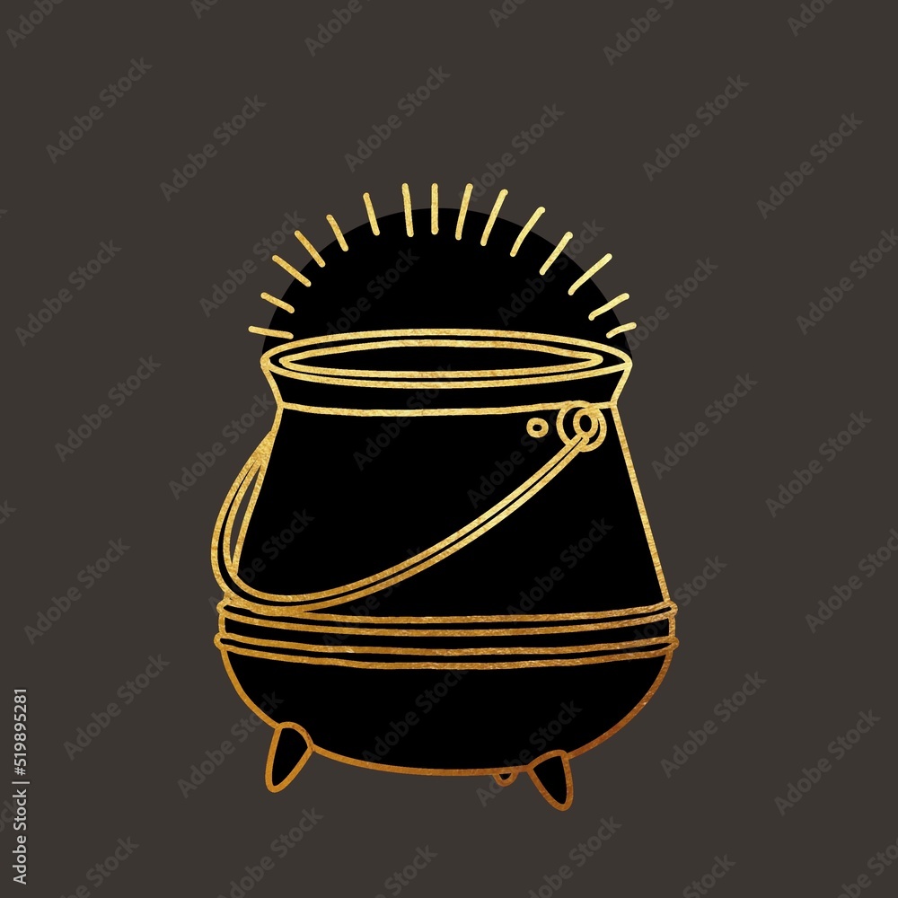 the witch's magic cauldron. graphic illustration with golden lines on a ...