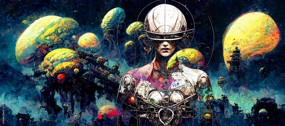 Concept of a futuristic alien hub with a sci-fi woman in front of the ...