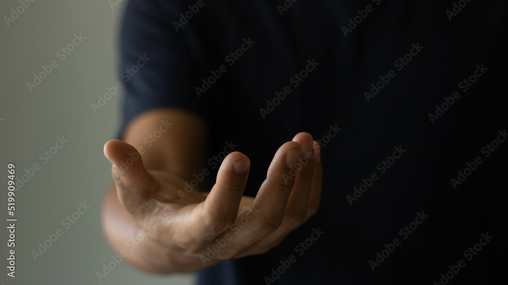 Businessman showing empty hand and presenting with hand empty copy ...