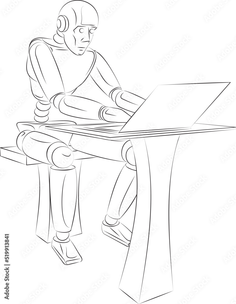 Puppet at the computer lineart black and white vector illustration. Man ...