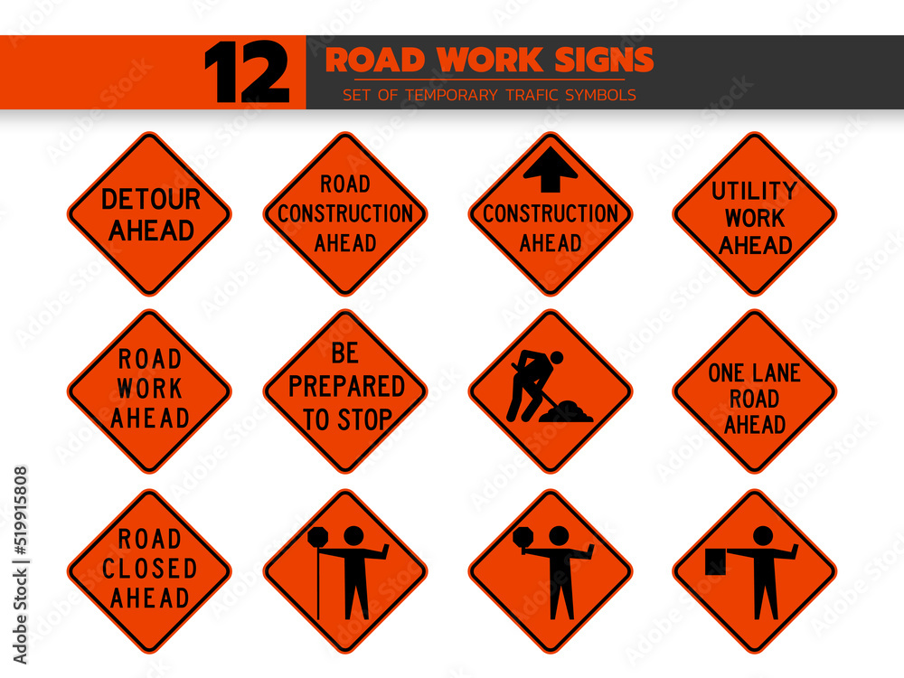 set of isolated temporary road work symbols on orange round triangle ...
