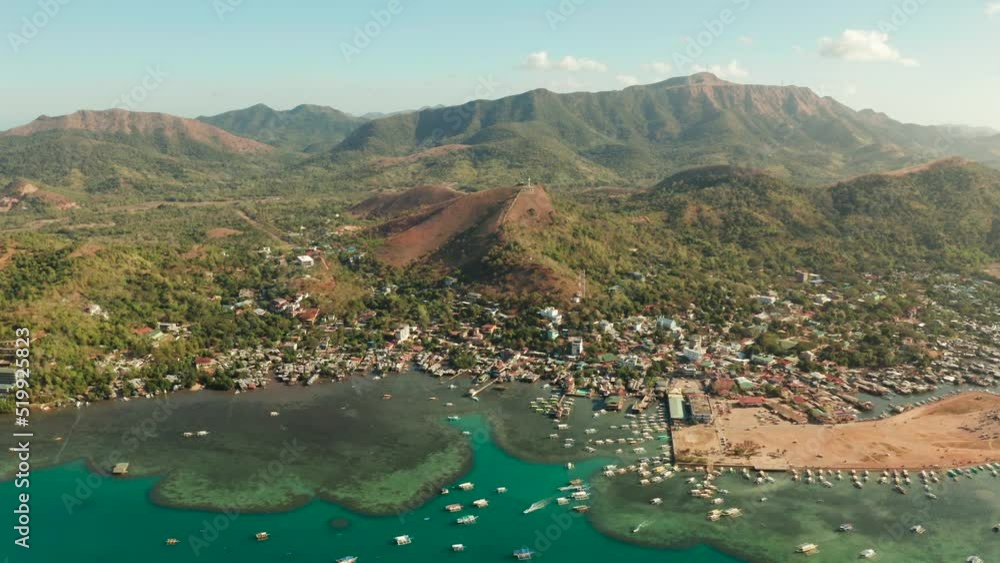 sea port, pier, cityscape Coron town with boats on Busuanga island ...